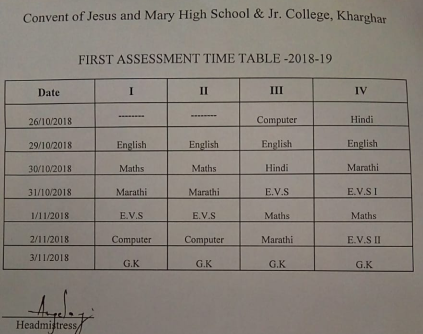 FIRST ASSESSMENT TIME TABLE-PRIMARY SECTION – St. Jospeh High School