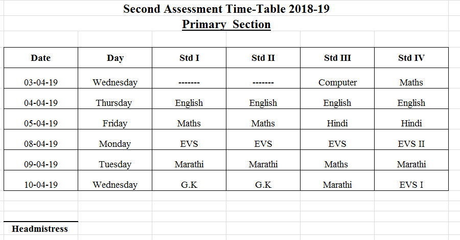 TIME TABLE FOR THE SECOND ASSESSMENT (2018-19)-PRIMARY SECTION – St ...
