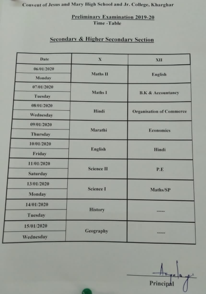 TIME TABLE FOR THE PRELIMINARY EXAMINATION – STD X & STD XII (2019-2020 ...