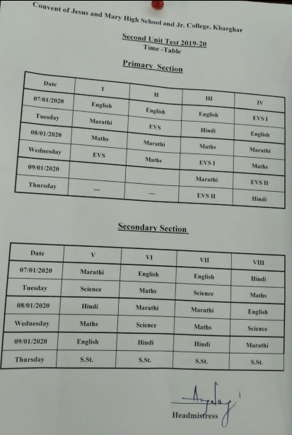 TIME TABLE FOR THE SECOND UNIT TEST- PRIMARY AND SECONDARY – St. Joseph ...