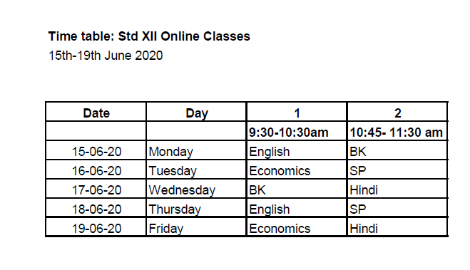 STD X & STD XII-TIME TABLE FOR THE ONLINE CLASSES FROM 15TH JUNE TO ...