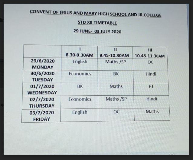 TIME TABLE FOR ONLINE CLASSES-STD IX, STD X & STD XII-29TH JUNE TO 3RD ...