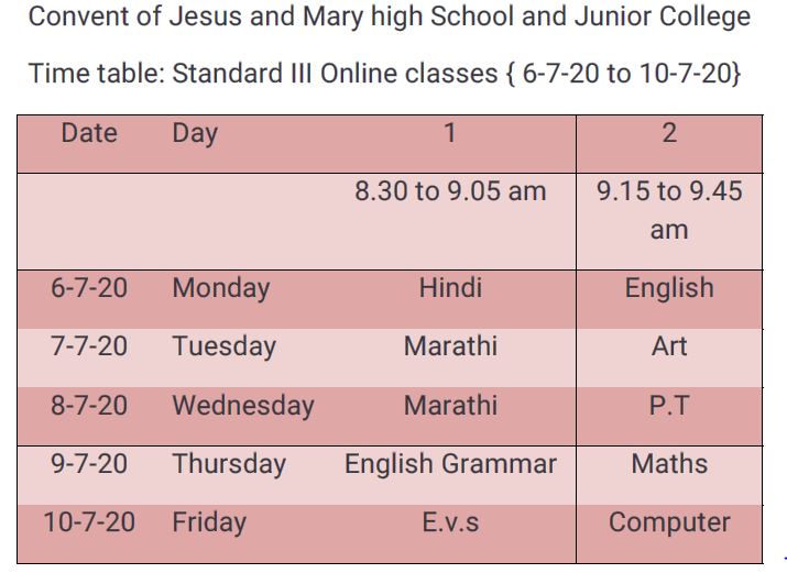 TIME TABLE FOR THE ONLINE CLASSES -STD III & STD IV-6TH JULY TO 10TH ...
