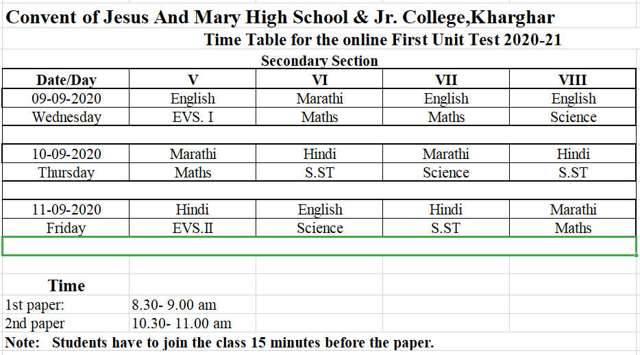 ONLINE EXAMINATION TIMETABLE FOR FIRST UNIT TEST – STD V, VI, VII ...