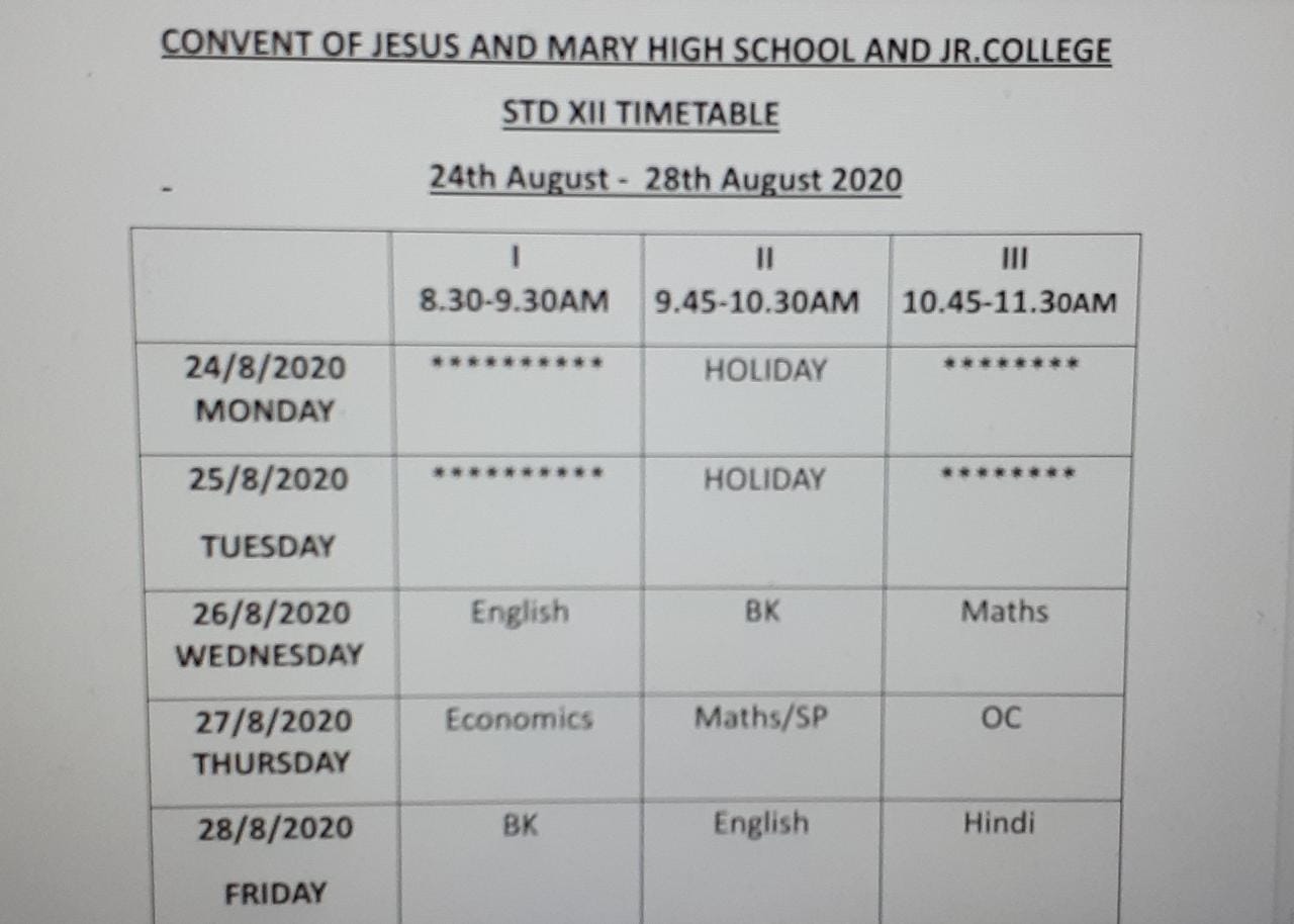 TIMETABLE FOR ONLINE CLASSES – STD IX, X & XII – 24TH AUGUST 2020 TO ...