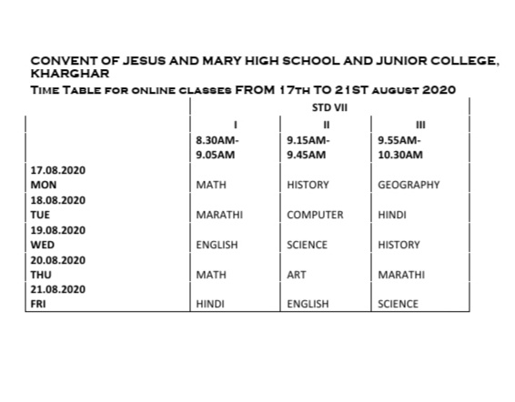 TIME TABLE FOR ONLINE CLASSES FOR STD V TO VIII -17TH AUGUST 2020 TO ...