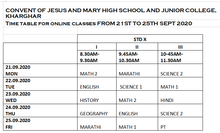 TIME TABLES FOR ONLINE CLASSES -FOR STD IX, X & XII FROM 21ST SEPTEMBER ...