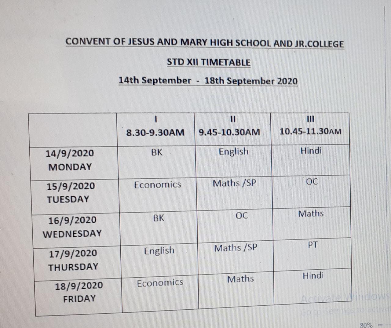 TIME TABLES FOR ONLINE CLASSES -FOR STD IX, X & XII FROM 14TH SEPTEMBER ...
