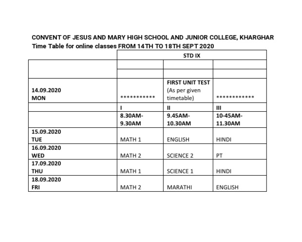 TIME TABLES FOR ONLINE CLASSES -FOR STD IX, X & XII FROM 14TH SEPTEMBER ...