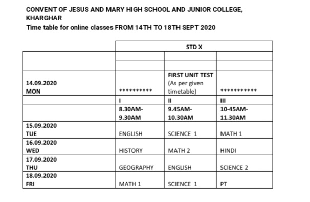 TIME TABLES FOR ONLINE CLASSES -FOR STD IX, X & XII FROM 14TH SEPTEMBER ...