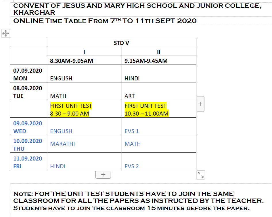 TIME TABLES FOR ONLINE CLASSES -FOR STD V, VI ,VII & VIII FROM 7TH ...