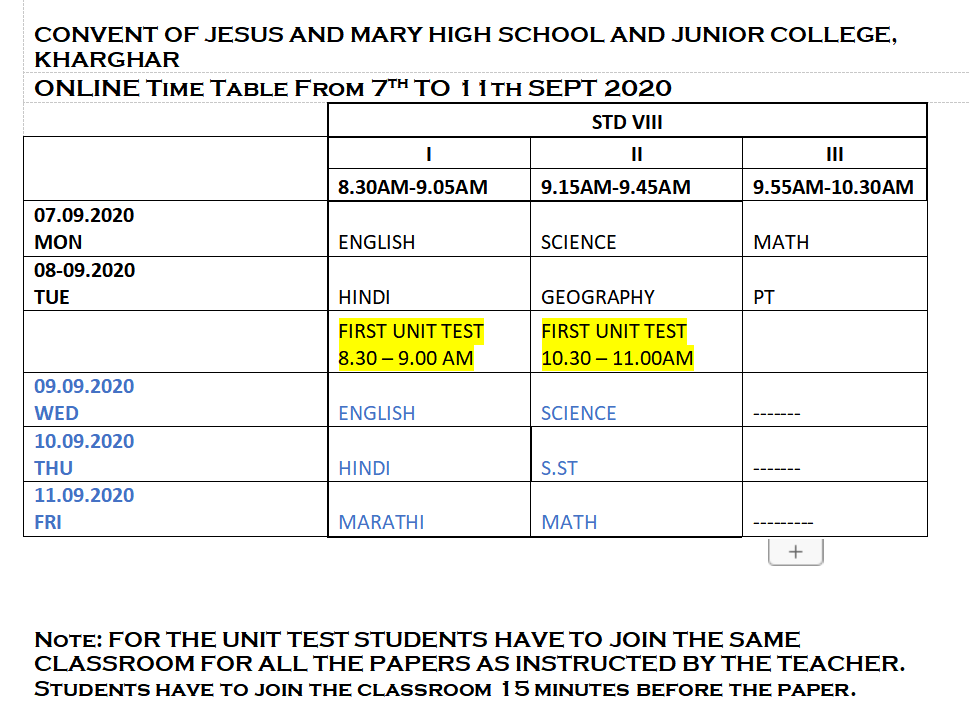 TIME TABLES FOR ONLINE CLASSES -FOR STD V, VI ,VII & VIII FROM 7TH ...