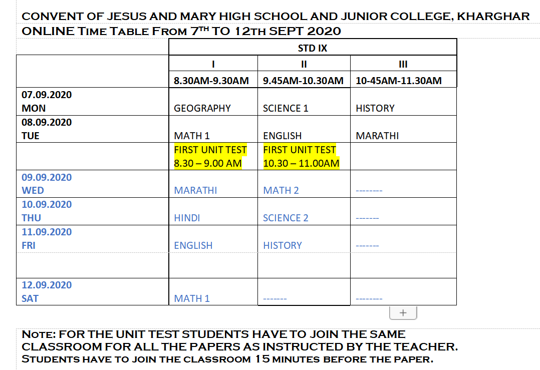 TIME TABLES FOR ONLINE CLASSES -FOR STD IX, X & XII FROM 7TH SEPTEMBER ...