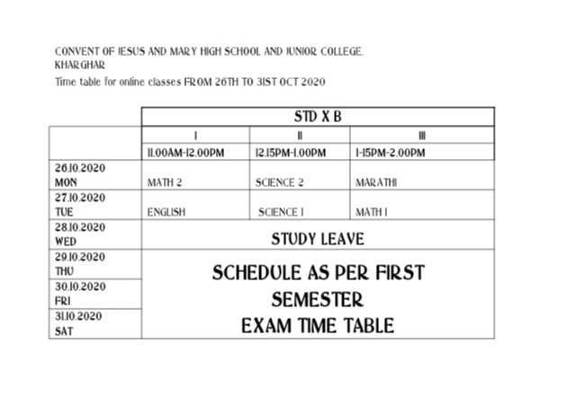 TIME TABLES FOR ONLINE CLASSES -FOR STD IX, X & XII FROM 26TH OCTOBER ...