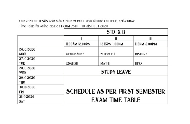 TIME TABLES FOR ONLINE CLASSES -FOR STD IX, X & XII FROM 26TH OCTOBER ...
