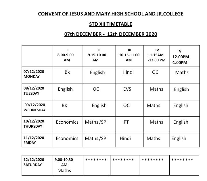 TIME TABLES FOR ONLINE CLASSES -FOR STD IX ,X , & XII FROM 7TH DECEMBER ...