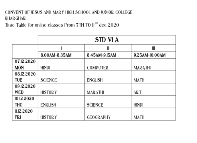 TIME TABLES FOR ONLINE CLASSES -FOR STD V ,VI, VII & VIII FROM 7TH ...