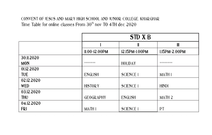 TIME TABLES FOR ONLINE CLASSES -FOR STD IX, X & XII FROM 30TH NOVEMBER ...
