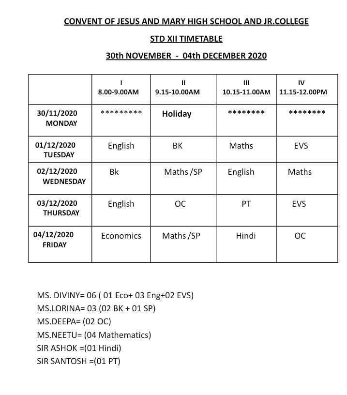 TIME TABLES FOR ONLINE CLASSES -FOR STD IX, X & XII FROM 30TH NOVEMBER ...